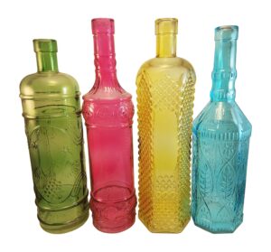 3 cats colored glass bottles (large wine bottle size) - decorative vintage bottles for bottle tree, the garden, suncatchers, or flower bud vases. set of 4