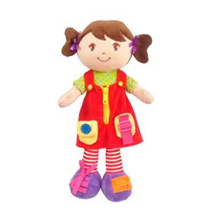 linzy plush 16" educational plush doll, adorable plush doll comes with clad,a removable outfit packed with closures-perfect for testing a little one's growing problem solving and motor skills