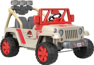 power wheels jurassic park jeep wrangler ride-on battery powered vehicle with dinosaur sounds & lights for preschool kids ages 3+ years