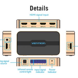 VENTION HDMI Switch 5 in 1 Out 4K@30Hz HDMI Selector Switch with IR Remote HDMI 1.4 HDCP 1.4 Support 4K HD 3D 1080P 2160P HDMI Switch Box for Roku, Apple TV, PS5/4/3, Fire Stick