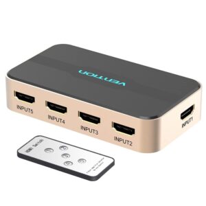 vention hdmi switch 5 in 1 out 4k@30hz hdmi selector switch with ir remote hdmi 1.4 hdcp 1.4 support 4k hd 3d 1080p 2160p hdmi switch box for roku, apple tv, ps5/4/3, fire stick