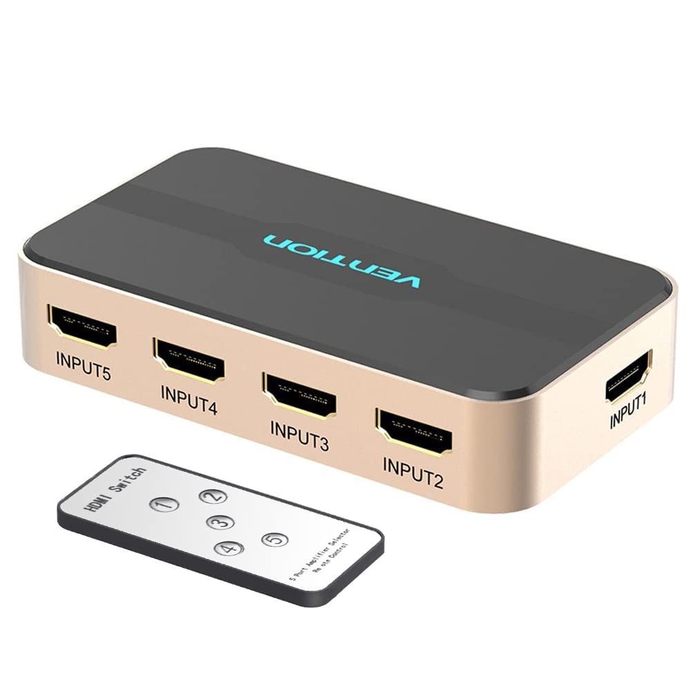 VENTION HDMI Switch 5 in 1 Out 4K@30Hz HDMI Selector Switch with IR Remote HDMI 1.4 HDCP 1.4 Support 4K HD 3D 1080P 2160P HDMI Switch Box for Roku, Apple TV, PS5/4/3, Fire Stick