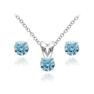 b. brilliant sterling silver solitaire light blue european crystals necklace & stud earrings jewelry set for women | march birthstone