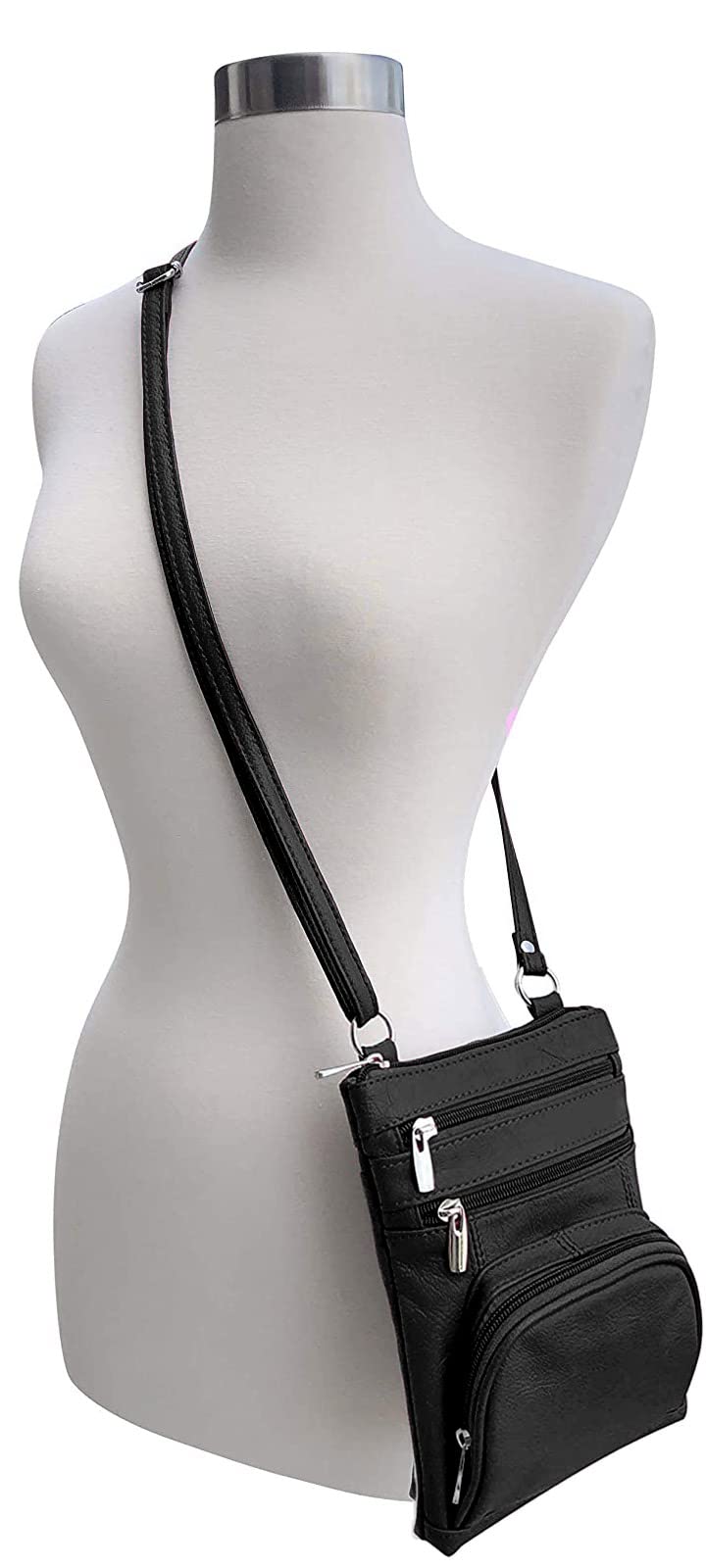 Roma Leathers Genuine X-Large Crossbody Purse, Multi-Pocket, Adjustable Strap, XL, Black