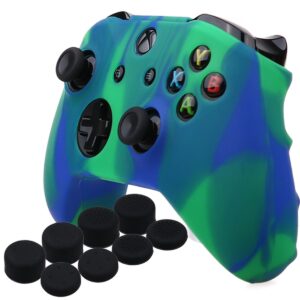 yorha silicone cover skin case for microsoft xbox one x & xbox one s controller x 1(blue green) with pro thumb grips 8 pieces