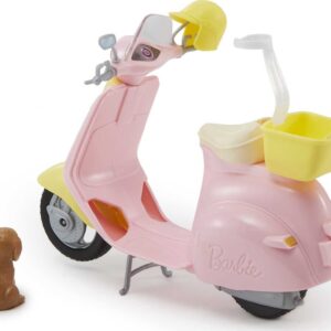 Barbie Toy Scooter with Puppy & Helmet Accessory, Pink & Yellow Moped with Basket, Kickstand & Seat Clip for Doll