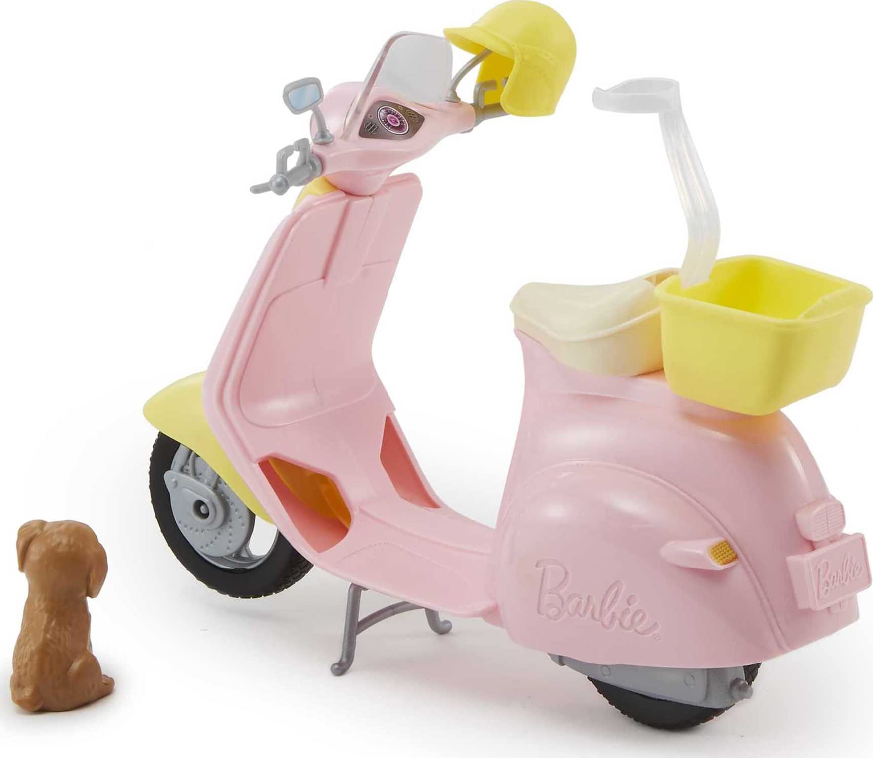 Barbie Toy Scooter with Puppy & Helmet Accessory, Pink & Yellow Moped with Basket, Kickstand & Seat Clip for Doll