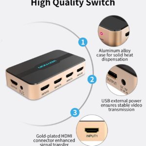 VENTION HDMI Switch 5 in 1 Out 4K@30Hz HDMI Selector Switch with IR Remote HDMI 1.4 HDCP 1.4 Support 4K HD 3D 1080P 2160P HDMI Switch Box for Roku, Apple TV, PS5/4/3, Fire Stick