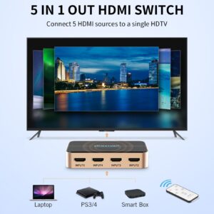 VENTION HDMI Switch 5 in 1 Out 4K@30Hz HDMI Selector Switch with IR Remote HDMI 1.4 HDCP 1.4 Support 4K HD 3D 1080P 2160P HDMI Switch Box for Roku, Apple TV, PS5/4/3, Fire Stick