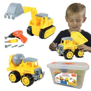 kidtastic 3 pack construction vehicles trucks toys set, take apart stem learning toy with excavator, dump truck, bulldozer, tools and drill fun educational toy for toddler, girls and boys