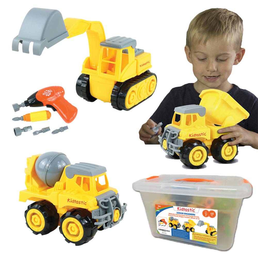 Kidtastic 3 Pack Construction Vehicles Trucks Toys Set, Take Apart STEM Learning Toy with Excavator, Dump Truck, Bulldozer, Tools and Drill Fun Educational Toy for Toddler, Girls and Boys