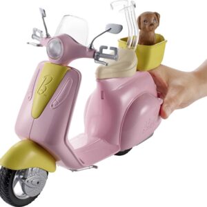 Barbie Toy Scooter with Puppy & Helmet Accessory, Pink & Yellow Moped with Basket, Kickstand & Seat Clip for Doll