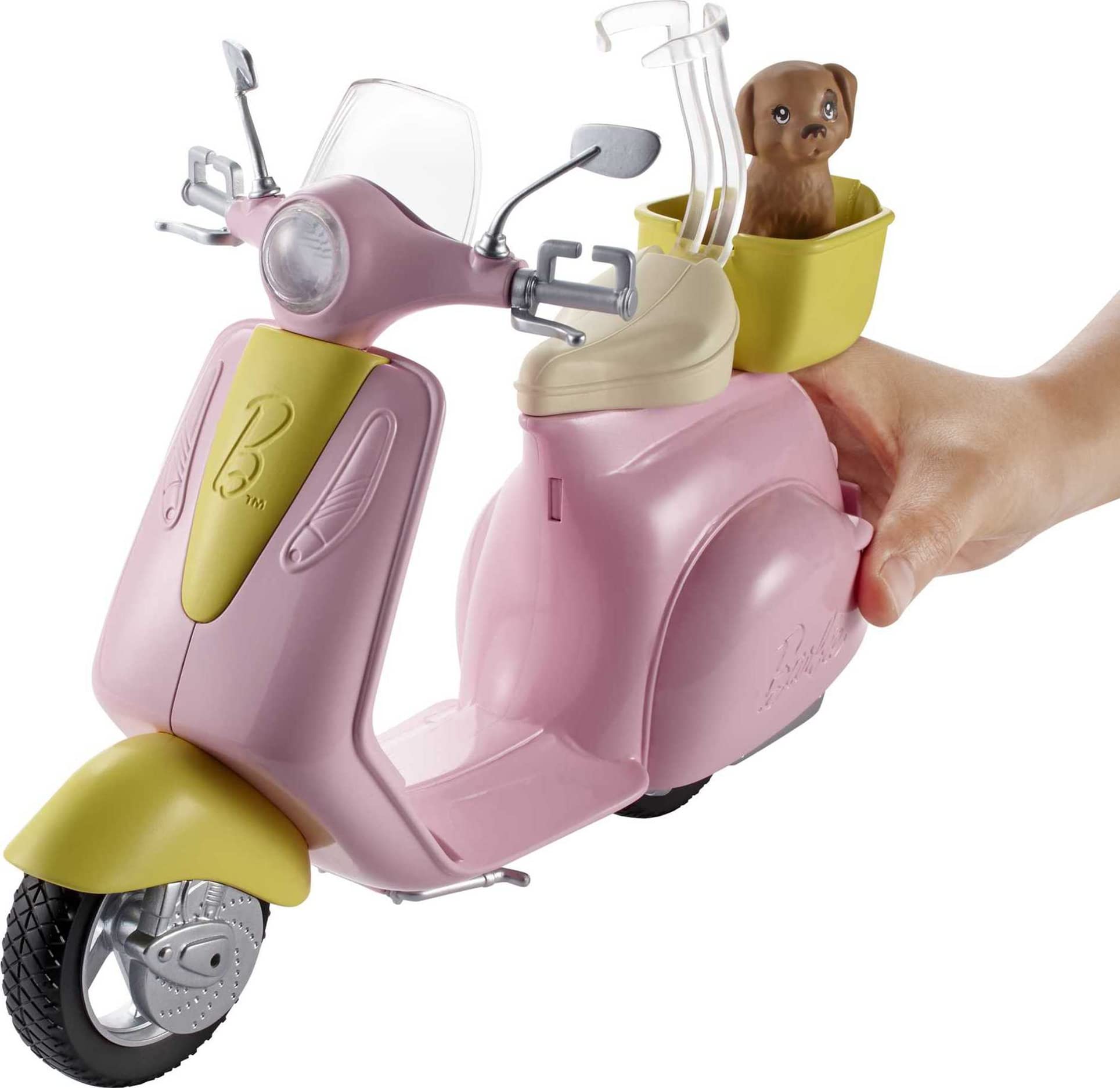 Barbie Toy Scooter with Puppy & Helmet Accessory, Pink & Yellow Moped with Basket, Kickstand & Seat Clip for Doll