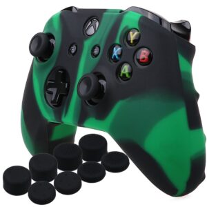 yorha silicone cover skin case for microsoft xbox one x & xbox one s controller x 1(black green) with pro thumb grips 8 pieces