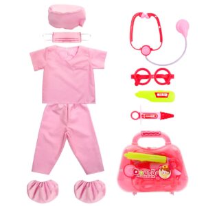 kid’s scrubs fedio role play costume dress up set with medical toy kit for toddler children ages 3-5 (hot pink)