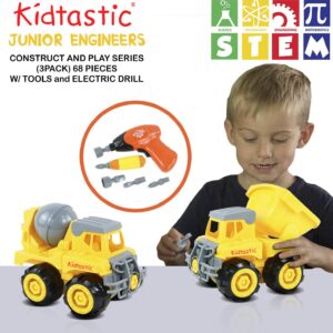 Kidtastic 3 Pack Construction Vehicles Trucks Toys Set, Take Apart STEM Learning Toy with Excavator, Dump Truck, Bulldozer, Tools and Drill Fun Educational Toy for Toddler, Girls and Boys