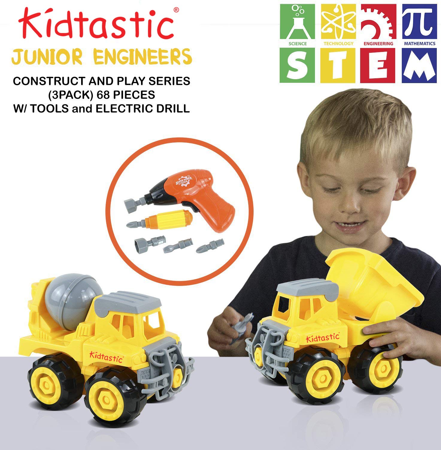 Kidtastic 3 Pack Construction Vehicles Trucks Toys Set, Take Apart STEM Learning Toy with Excavator, Dump Truck, Bulldozer, Tools and Drill Fun Educational Toy for Toddler, Girls and Boys