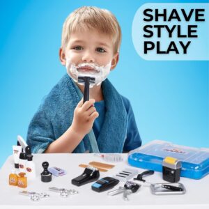 24 Pcs Barber Shop Pretend Play Toy - My First Shaving and Grooming Haircut Kit Toddler Role Play Set with Styling Accessories & Storage Box for Kids, Boys