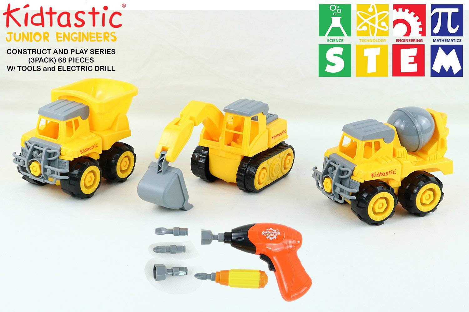 Kidtastic 3 Pack Construction Vehicles Trucks Toys Set, Take Apart STEM Learning Toy with Excavator, Dump Truck, Bulldozer, Tools and Drill Fun Educational Toy for Toddler, Girls and Boys