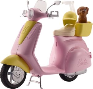 barbie toy scooter with puppy & helmet accessory, pink & yellow moped with basket, kickstand & seat clip for doll