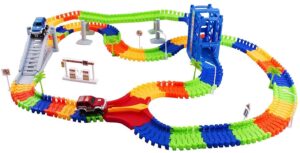 vokodo race car track set toy educational twisted flexible tracks 240 pcs 2 cars toy with lifter, bridge ,trees, gas station for kids children toys