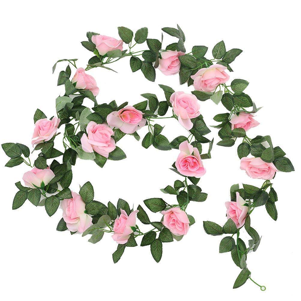 Sunrisee Artificial Rose Flower Garland Silk Fake Flowers Vines for Wedding Home Hotel Garden Decor, 7.3FT (Pink)