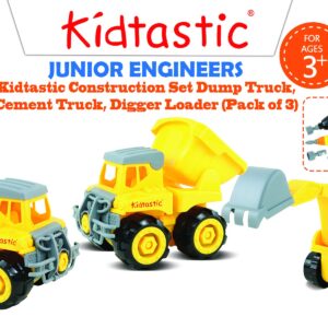 Kidtastic 3 Pack Construction Vehicles Trucks Toys Set, Take Apart STEM Learning Toy with Excavator, Dump Truck, Bulldozer, Tools and Drill Fun Educational Toy for Toddler, Girls and Boys