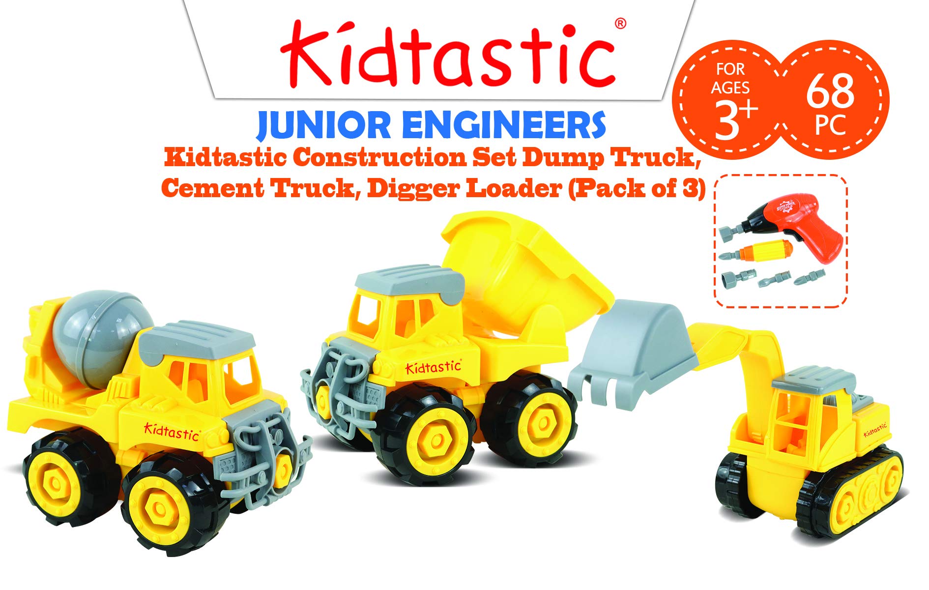 Kidtastic 3 Pack Construction Vehicles Trucks Toys Set, Take Apart STEM Learning Toy with Excavator, Dump Truck, Bulldozer, Tools and Drill Fun Educational Toy for Toddler, Girls and Boys