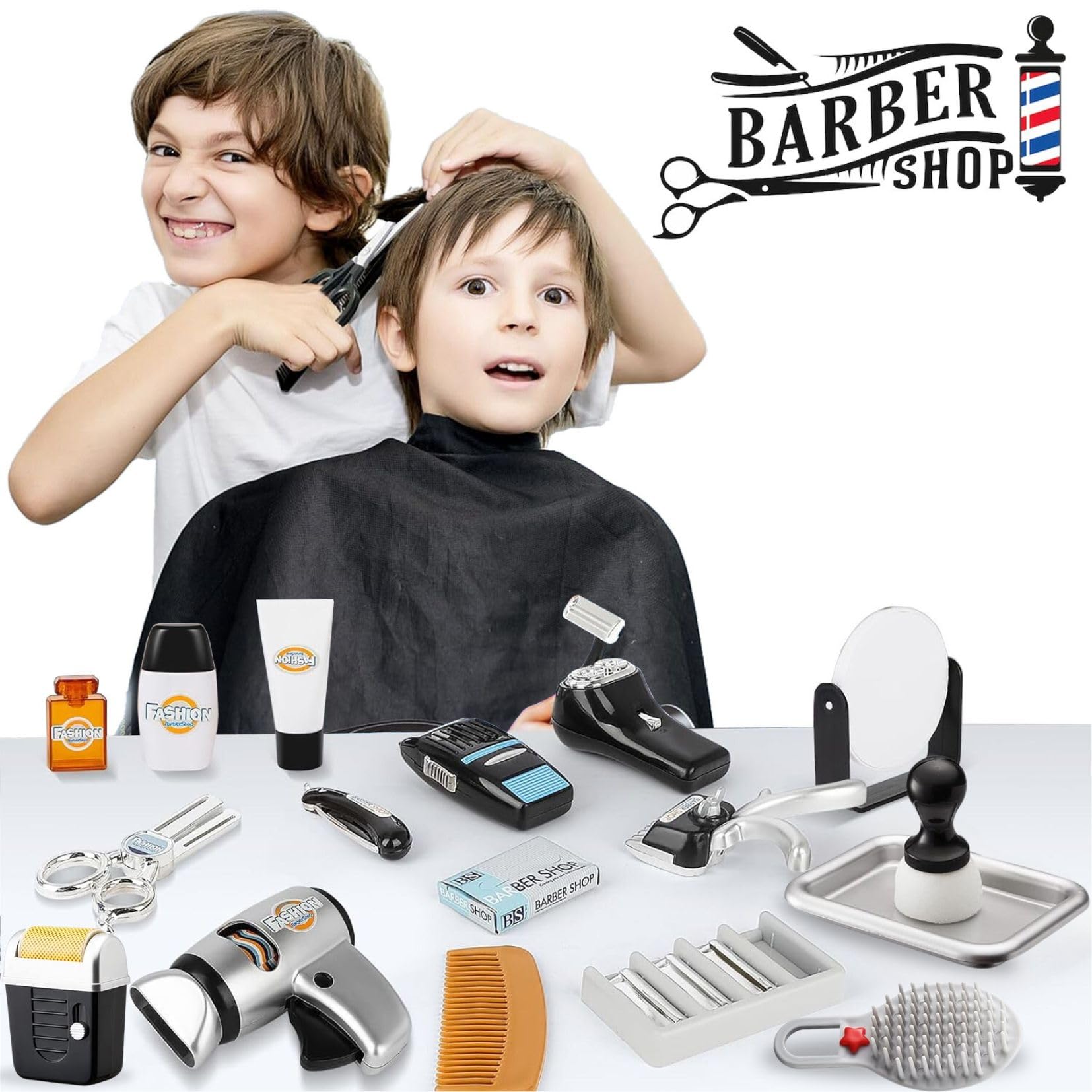 24 Pcs Barber Shop Pretend Play Toy - My First Shaving and Grooming Haircut Kit Toddler Role Play Set with Styling Accessories & Storage Box for Kids, Boys