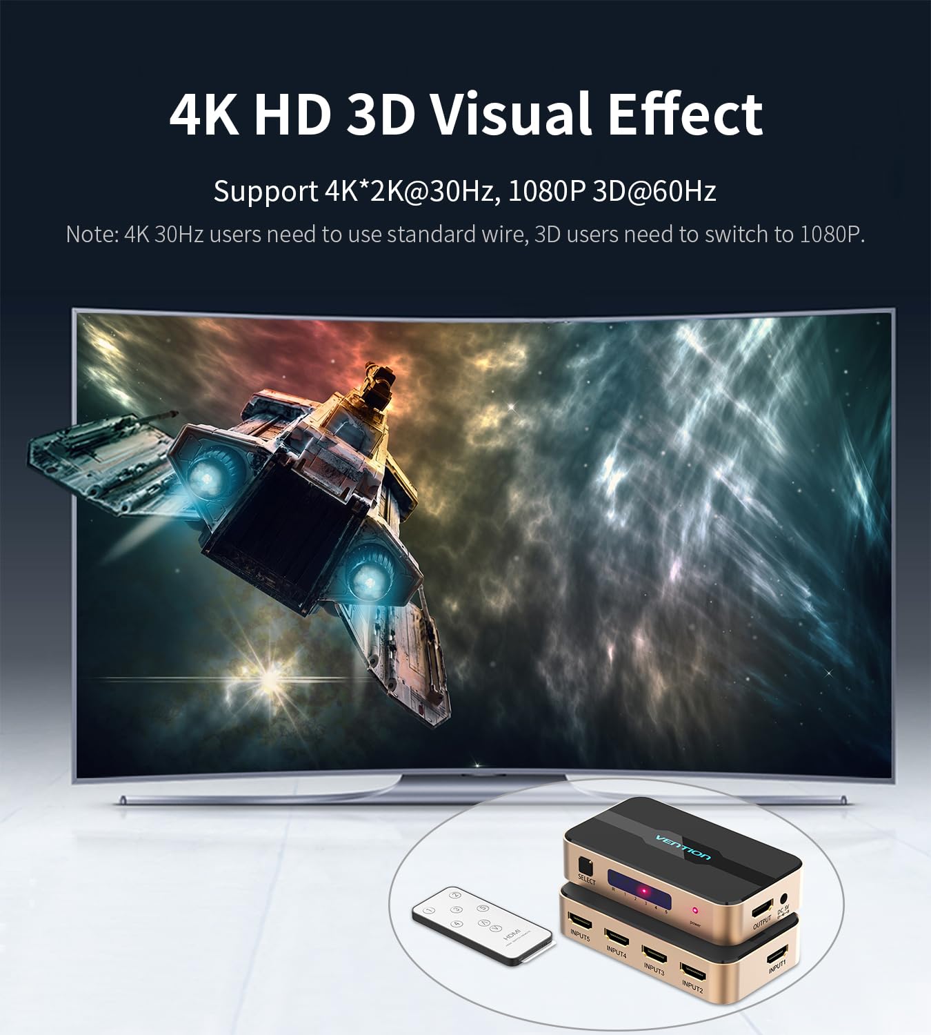 VENTION HDMI Switch 5 in 1 Out 4K@30Hz HDMI Selector Switch with IR Remote HDMI 1.4 HDCP 1.4 Support 4K HD 3D 1080P 2160P HDMI Switch Box for Roku, Apple TV, PS5/4/3, Fire Stick