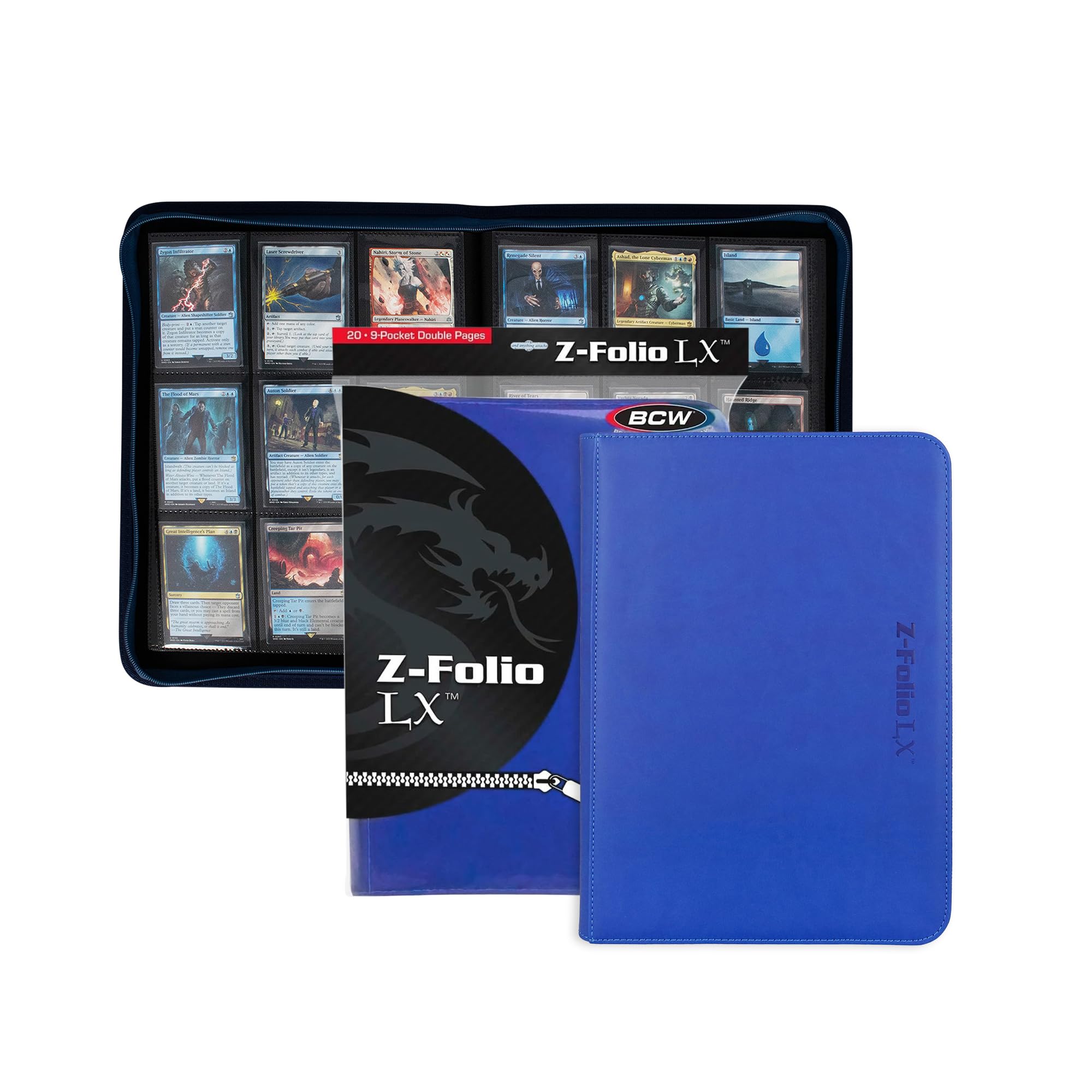 BCW Z-Folio 9-Pocket LX Album - Blue | Secure Zipper Card Organizer | Premium Leatherette Card Collection Binder | Trading Card Binder for Pokemon, MTG, Sport Cards and More