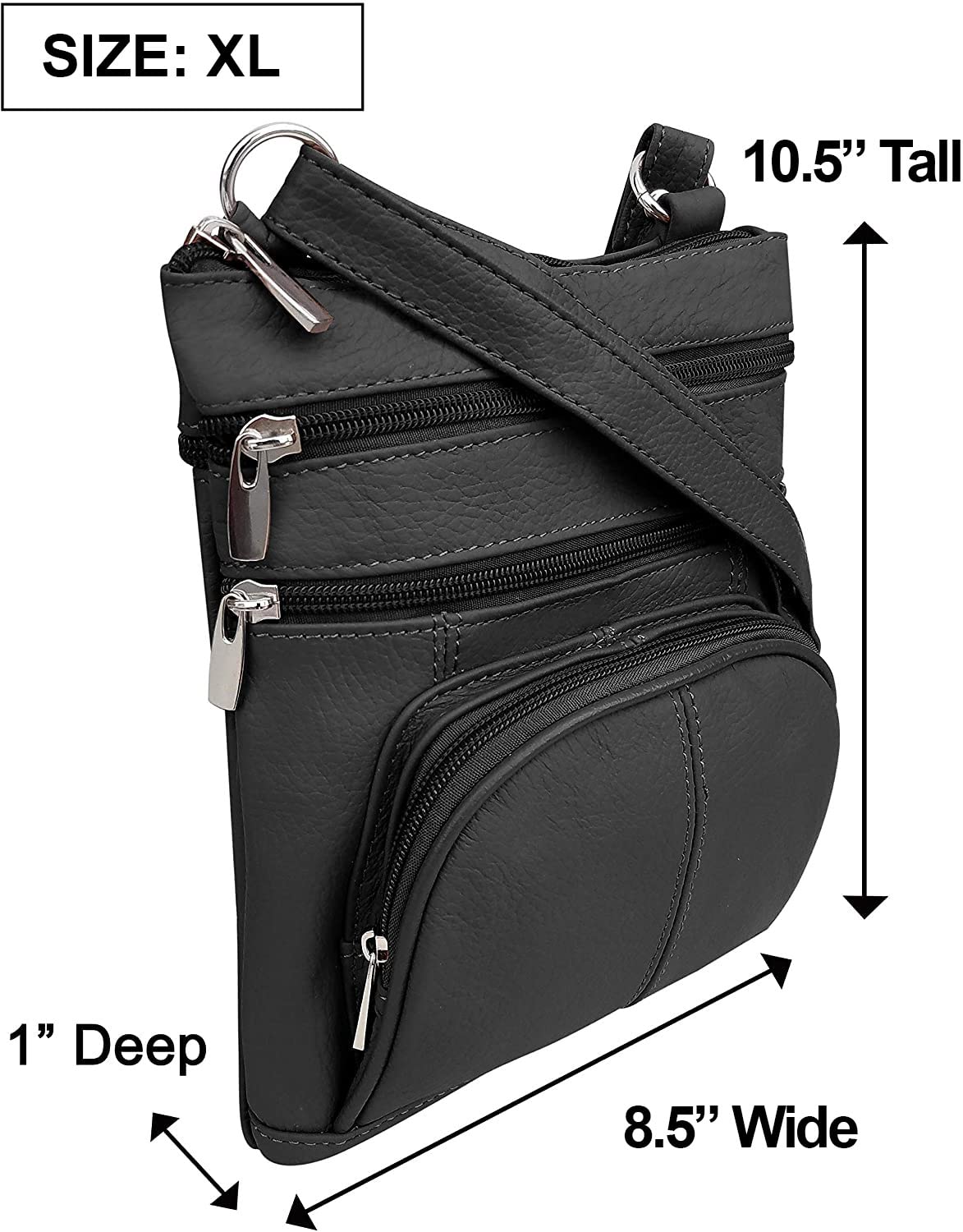 Roma Leathers Genuine X-Large Crossbody Purse, Multi-Pocket, Adjustable Strap, XL, Black