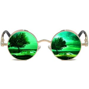 rocknight steampunk polarized circle sunglasses for men women mirrored green sunglasses metal frame