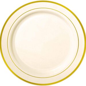 Elegant Premium White Plastic Plates with Prismatic Gold Border - 12" (Pack of 10), Durable & Stylish - Ideal for Upscale Events & Parties