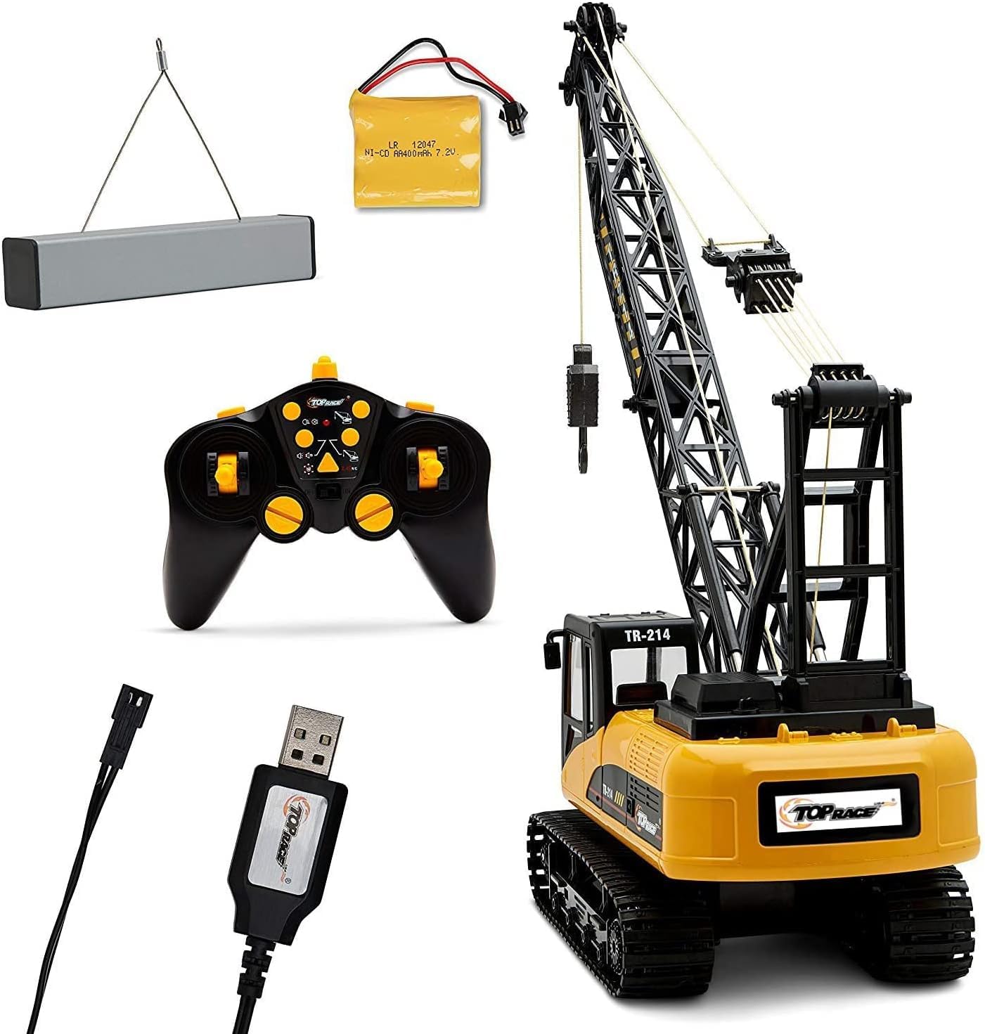 Top Race 15 Channel Remote Control Crane Toy - Battery Powered 1:14 Scale RC Construction Vehicles with Heavy Metal Hook - Crane Truck for Kids 8-12 - Full Functional RC Crane with 2.4GHz Remote