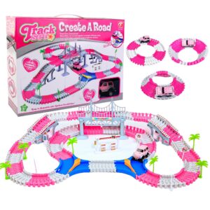 168 PCS Pink Magic Bendable Race Track Toy, Snap Together Create a Road Flexible Track Car Set for Toddlers, Kids, Boys, and Girls