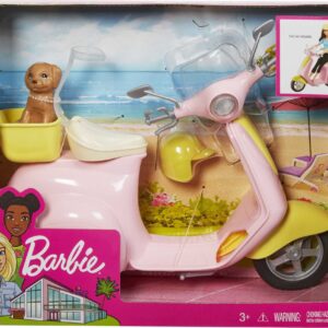 Barbie Toy Scooter with Puppy & Helmet Accessory, Pink & Yellow Moped with Basket, Kickstand & Seat Clip for Doll