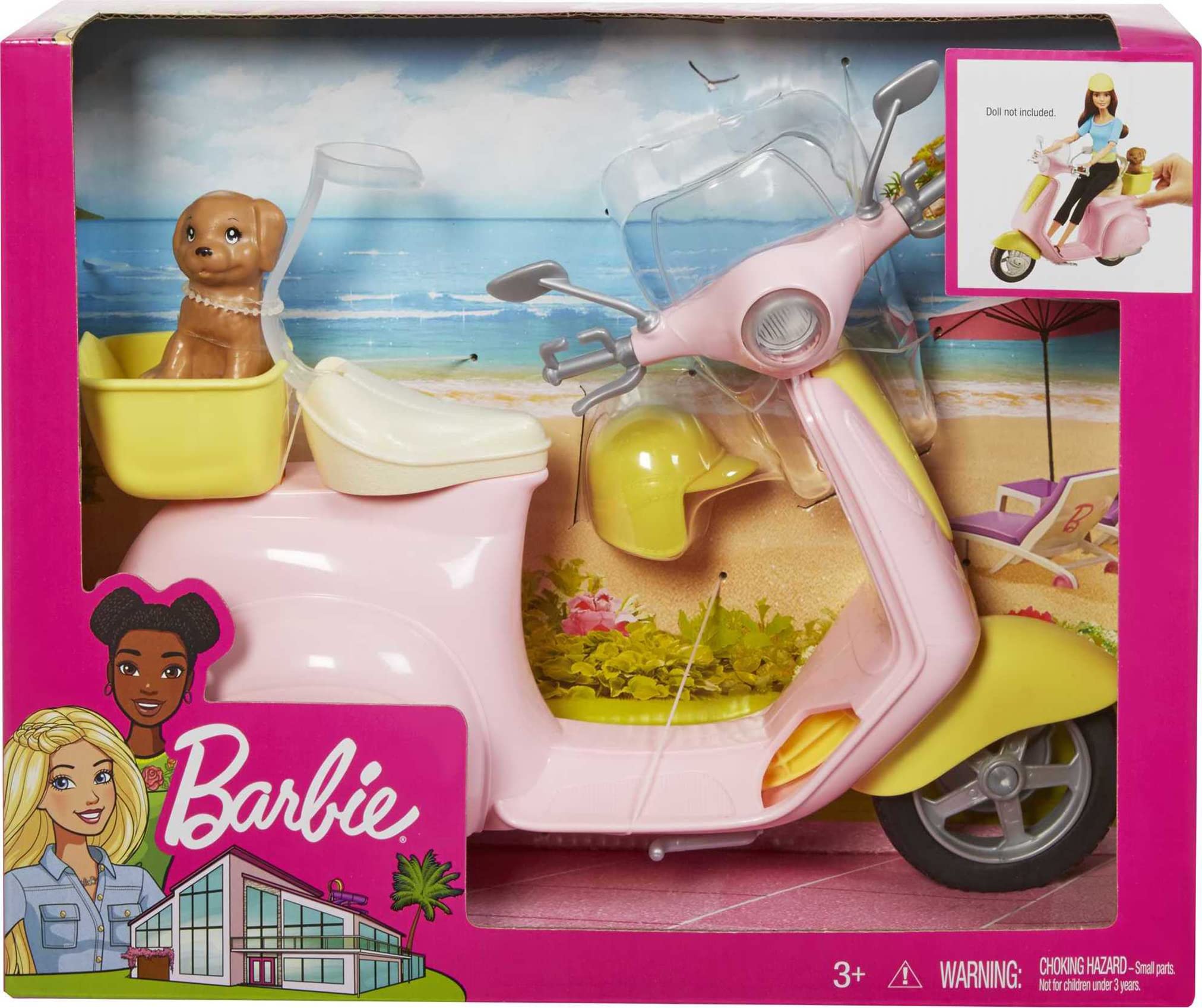 Barbie Toy Scooter with Puppy & Helmet Accessory, Pink & Yellow Moped with Basket, Kickstand & Seat Clip for Doll