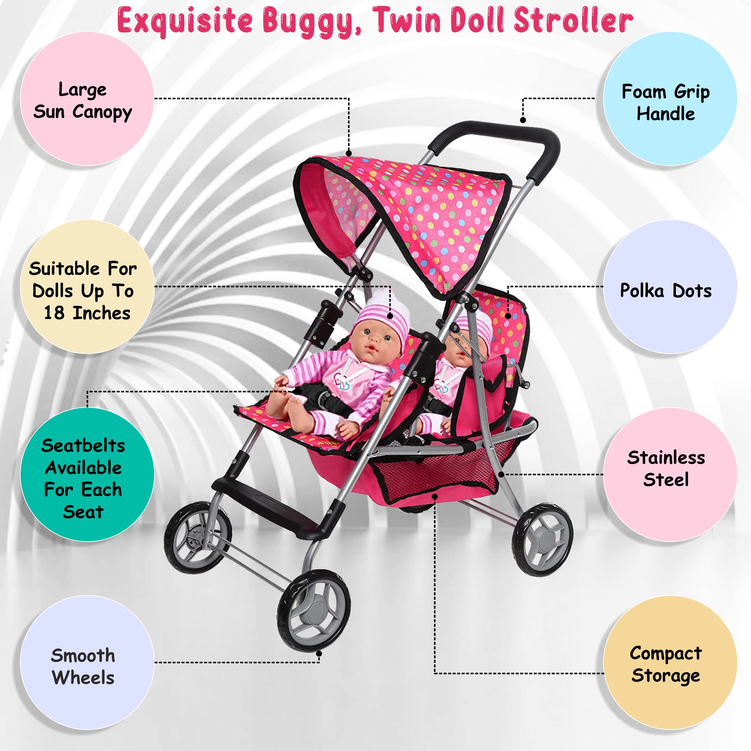 Twin Baby Doll Stroller - Pretend Play Baby Stroller for Dolls - Toy Stroller with Storage Basket for Baby Doll Accessories Set - Polka Dot Design Baby Stroller Toy for Kids - Folds Easily