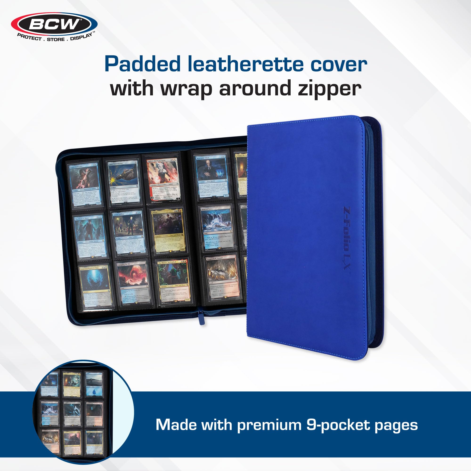 BCW Z-Folio 9-Pocket LX Album - Blue | Secure Zipper Card Organizer | Premium Leatherette Card Collection Binder | Trading Card Binder for Pokemon, MTG, Sport Cards and More