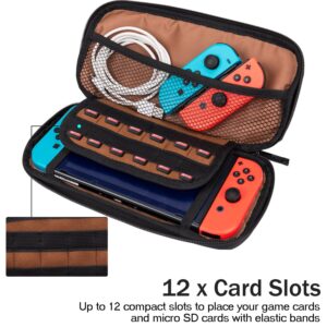 ibeacos Leather Game Traveler Deluxe Travel Case Console Protective Sleeve Accessories Storage Bag With 12 Build-in Game Card Holders And Mesh Zipper Pocket for Nintendo (Coffee)