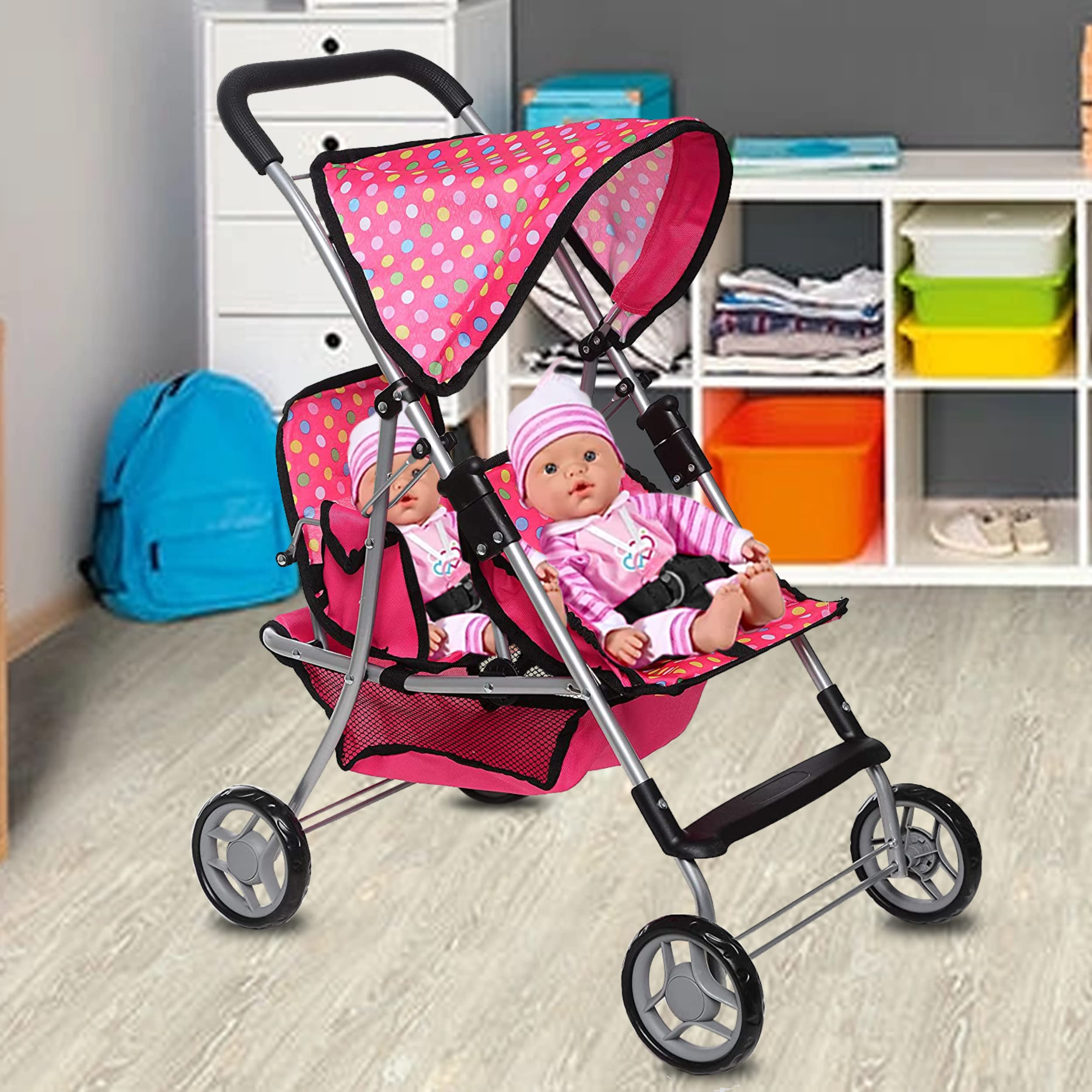 Twin Baby Doll Stroller - Pretend Play Baby Stroller for Dolls - Toy Stroller with Storage Basket for Baby Doll Accessories Set - Polka Dot Design Baby Stroller Toy for Kids - Folds Easily