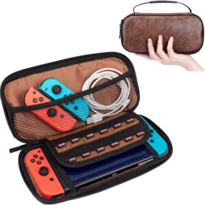 ibeacos leather game traveler deluxe travel case console protective sleeve accessories storage bag with 12 build-in game card holders and mesh zipper pocket for nintendo (coffee)