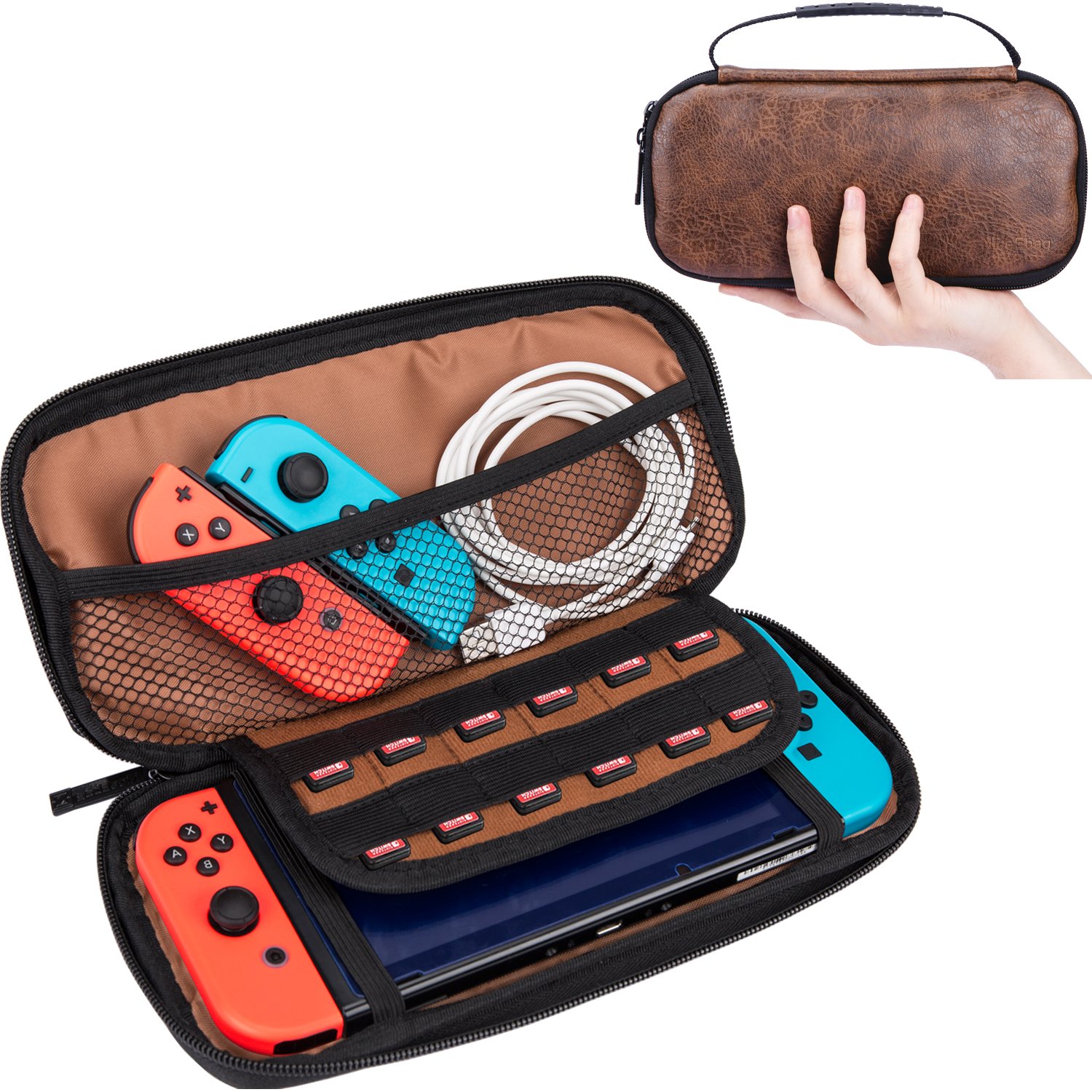 ibeacos Leather Game Traveler Deluxe Travel Case Console Protective Sleeve Accessories Storage Bag With 12 Build-in Game Card Holders And Mesh Zipper Pocket for Nintendo (Coffee)