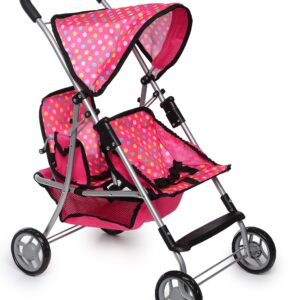 Twin Baby Doll Stroller - Pretend Play Baby Stroller for Dolls - Toy Stroller with Storage Basket for Baby Doll Accessories Set - Polka Dot Design Baby Stroller Toy for Kids - Folds Easily