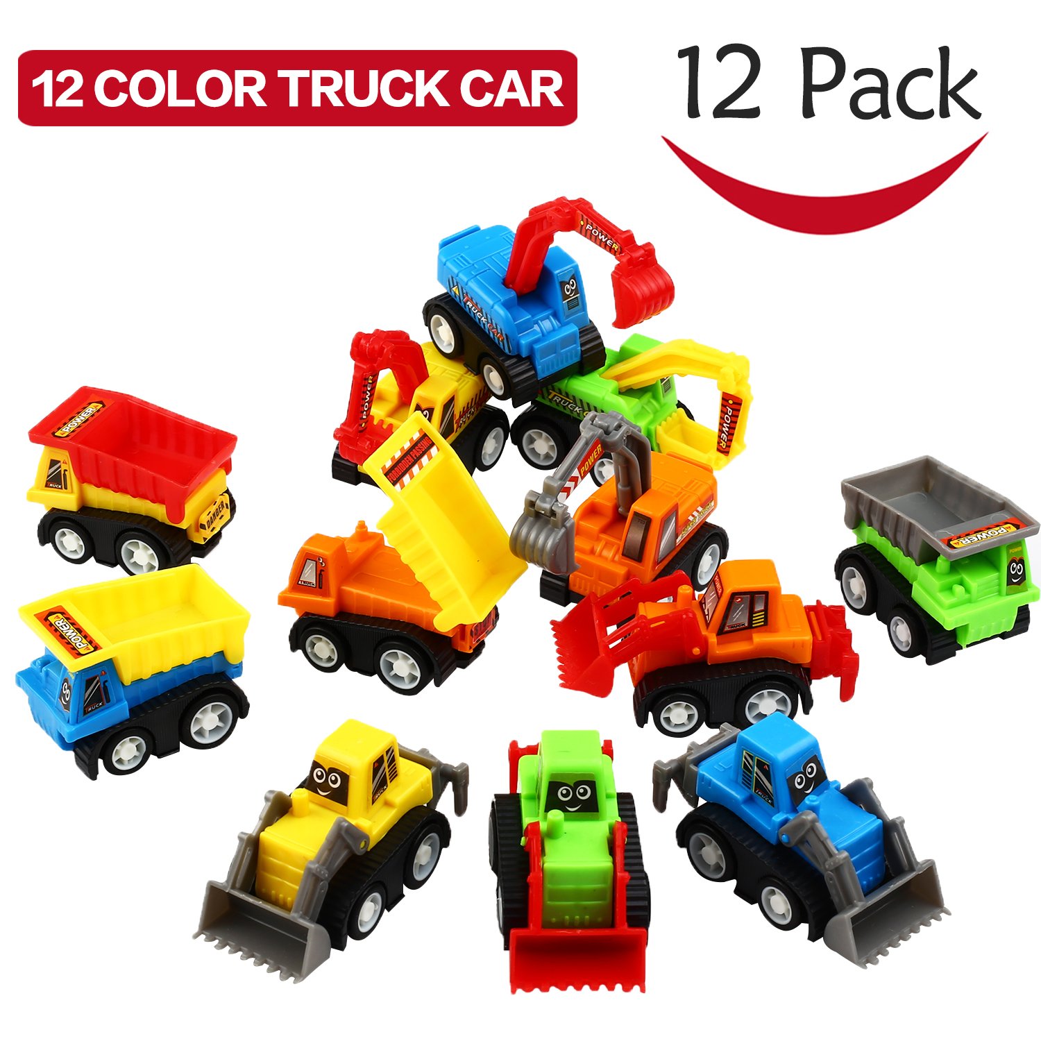 12-Piece Mini Truck Toy Kit - Pull Back Construction Vehicles for Kids, Great Party Favors, Birthday Gifts, Classroom Rewards, and Stocking Stuffers