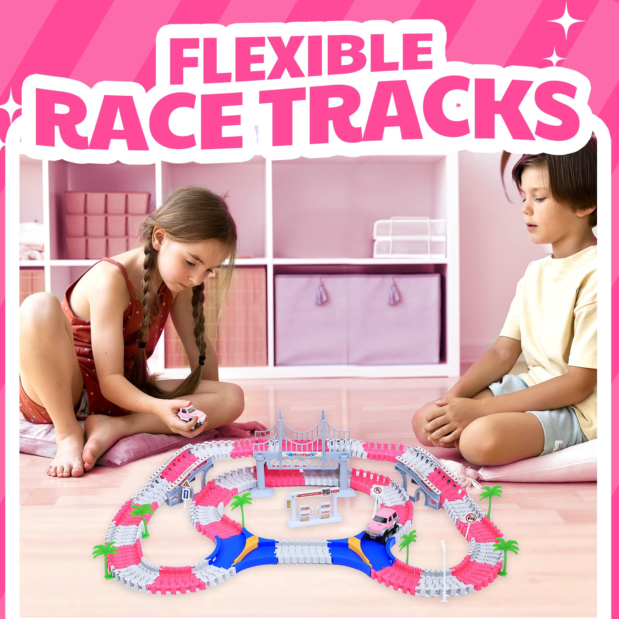 168 PCS Pink Magic Bendable Race Track Toy, Snap Together Create a Road Flexible Track Car Set for Toddlers, Kids, Boys, and Girls