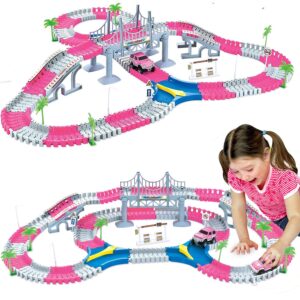 168 pcs pink magic bendable race track toy, snap together create a road flexible track car set for toddlers, kids, boys, and girls