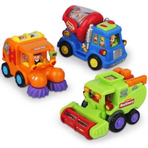 ciftoys push and go friction powered car toys for boys - construction vehicles toys for boys and toddlers (street sweeper truck, cement mixer truck, harvester toy truck)