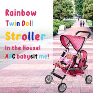 Twin Baby Doll Stroller - Pretend Play Baby Stroller for Dolls - Toy Stroller with Storage Basket for Baby Doll Accessories Set - Polka Dot Design Baby Stroller Toy for Kids - Folds Easily